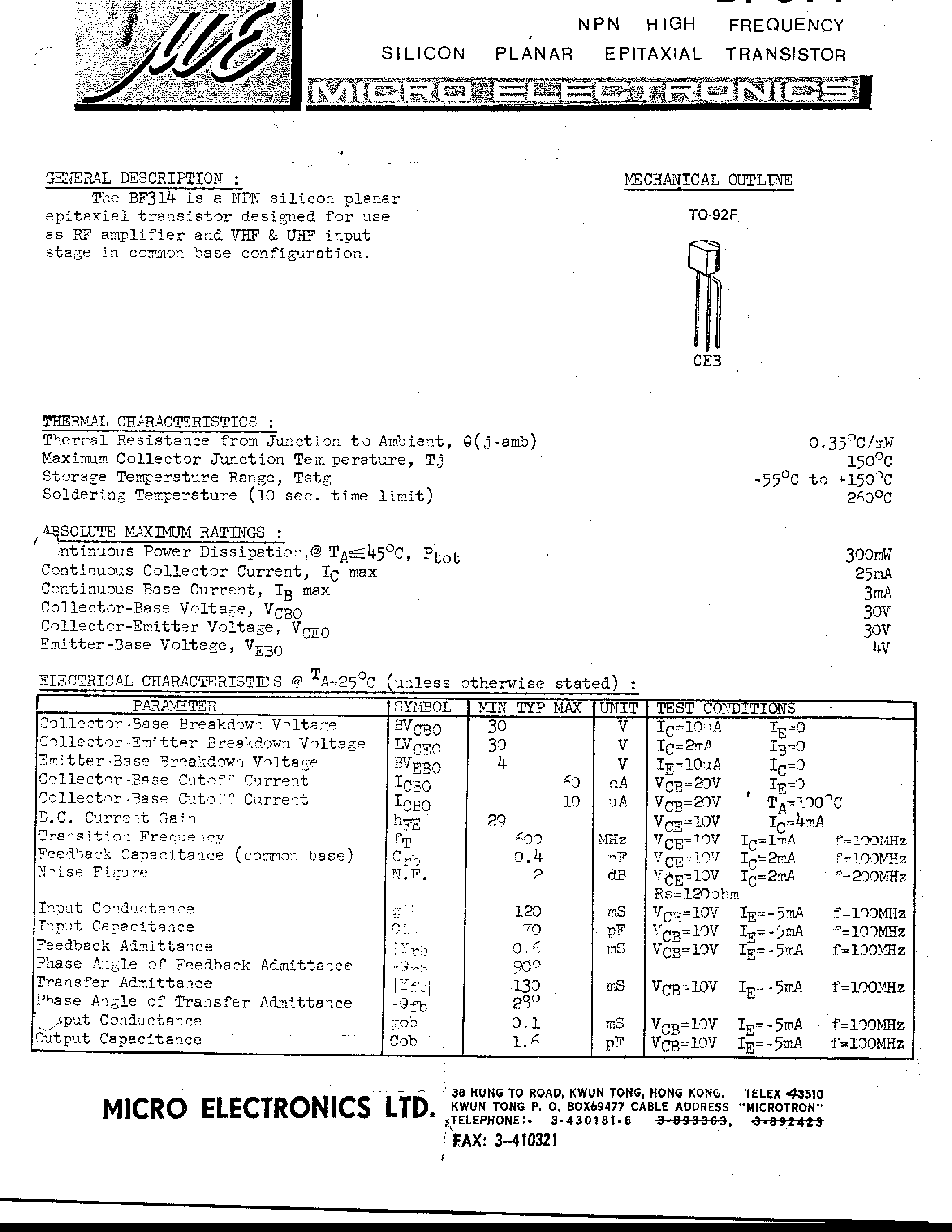 BF314 даташит Micro Electronics техническое описание радиодетали, NPN HIGH FREQUENCY SILICON ...