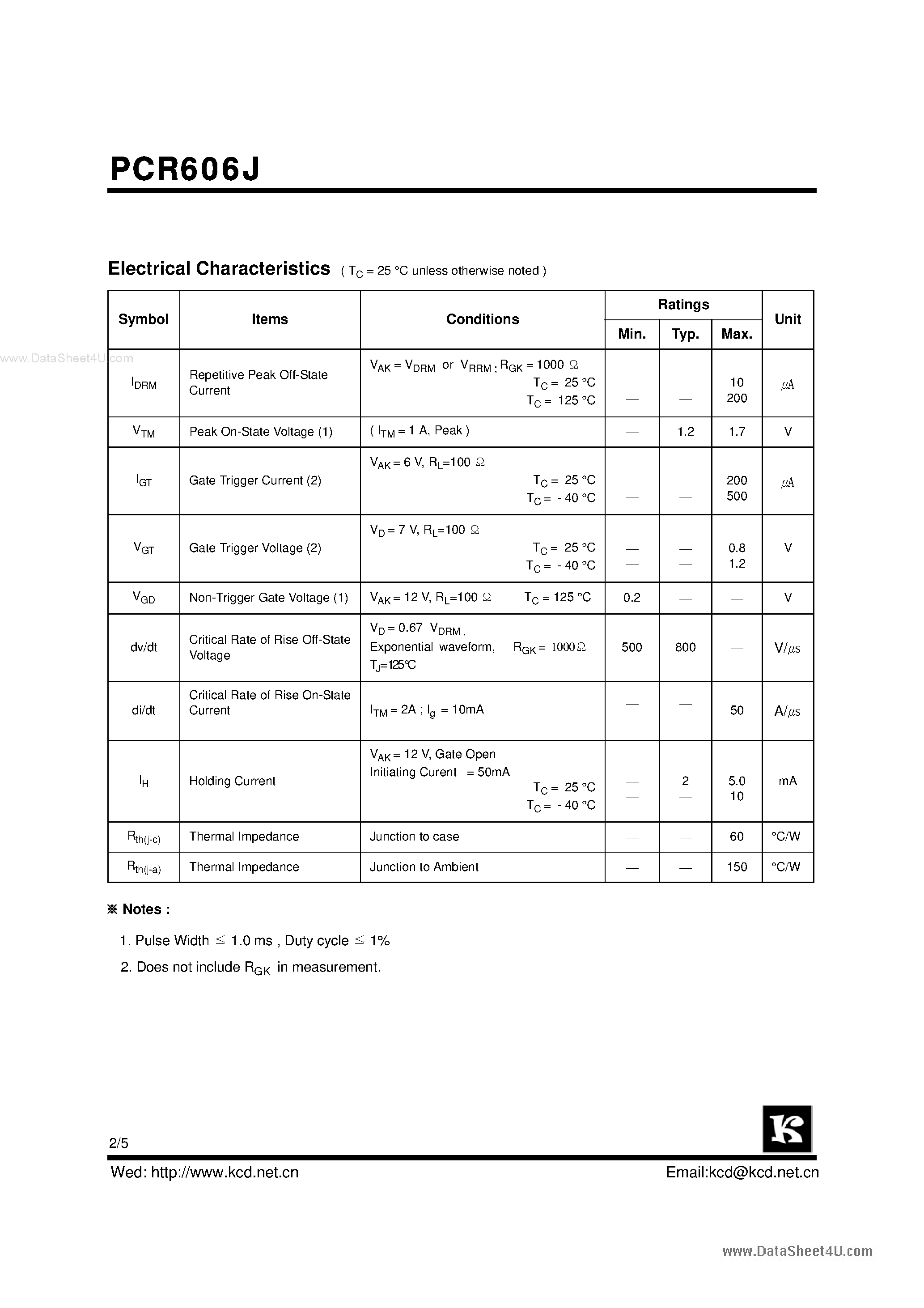 PCR606J даташит KCD техническое описание радиодетали, Sensitive Gate Silicon Controlled ...